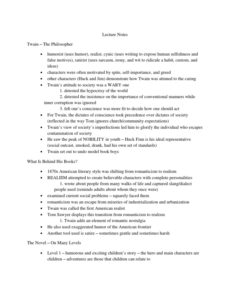 Tom Sawyer Notes Pdf Mark Twain Satire
