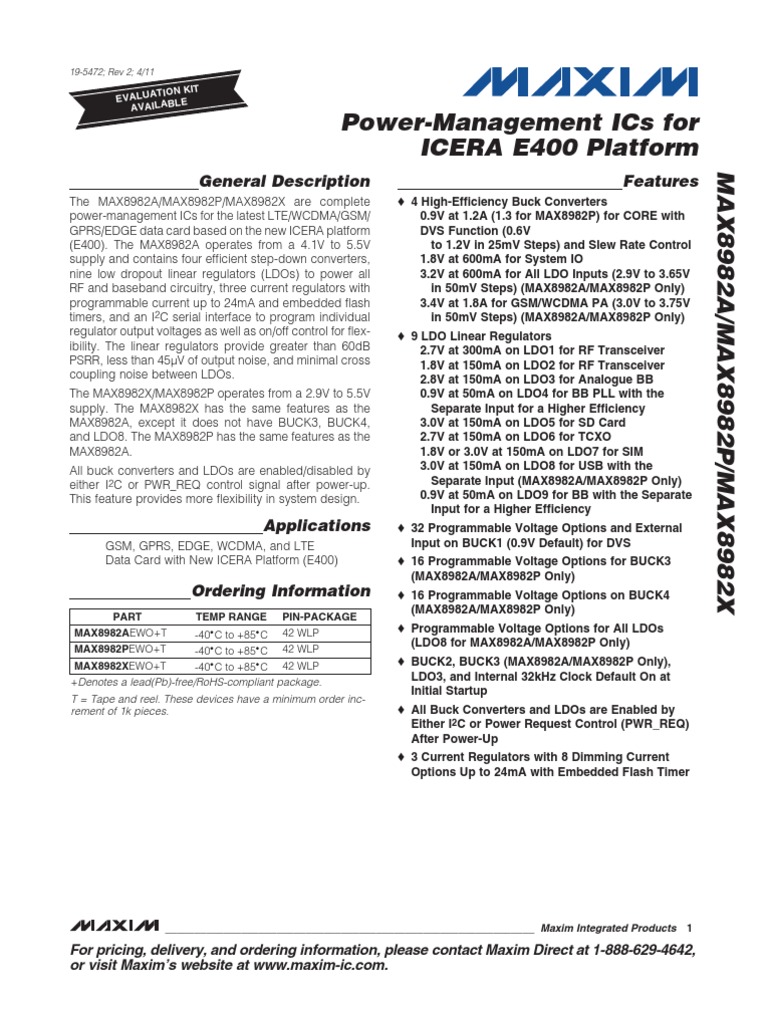 Power-Management Ics For Icera E400 Platform Max8982A/Max8982P/Max8982X ...