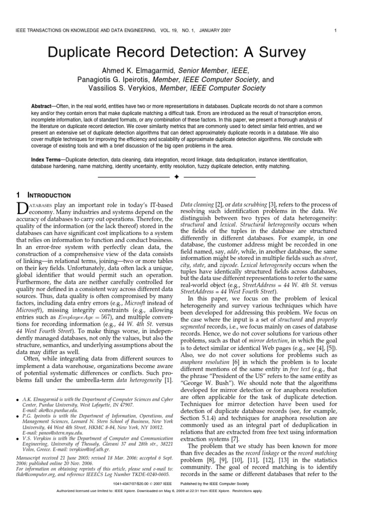 Duplicate Record Detection A Survey Pdf String Computer Science Databases
