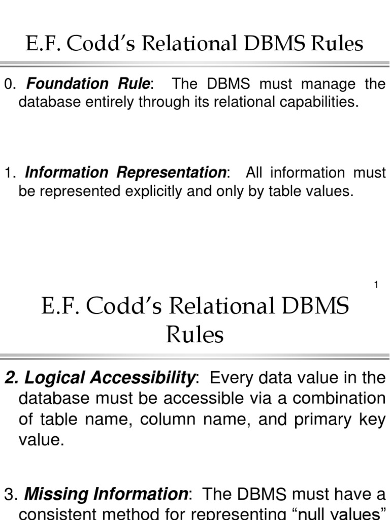 E.F. Codd's Relational DBMS Rules | PDF