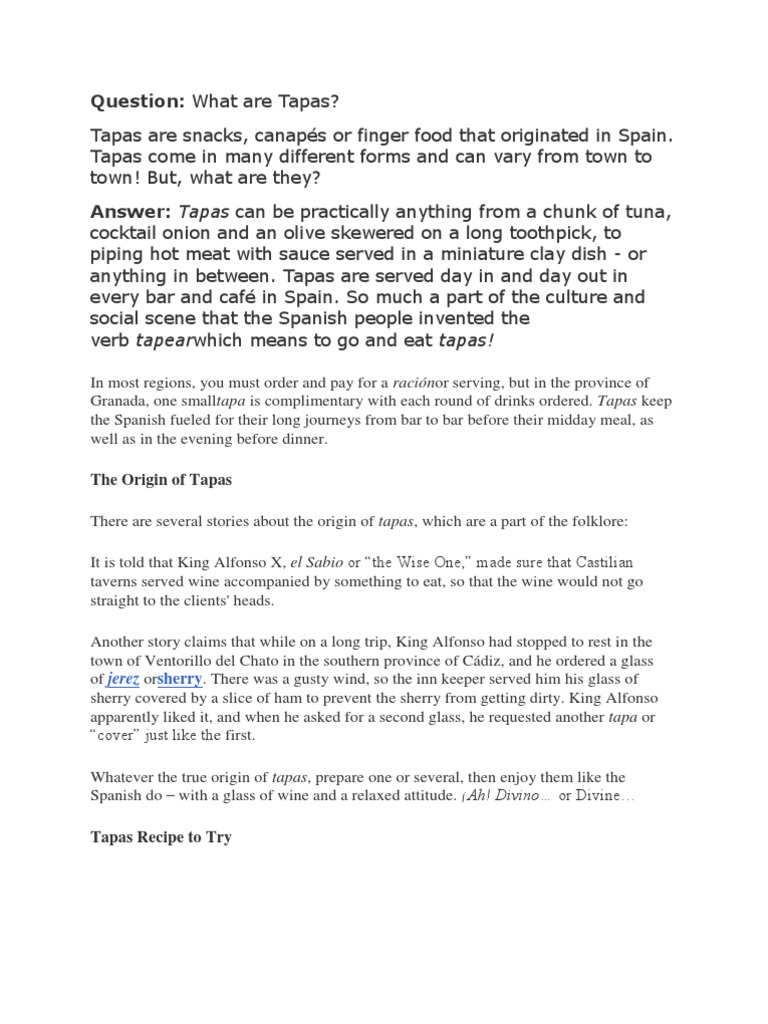 Question: What Are Tapas?: The Origin of Tapas | PDF | Spain | Bar ...