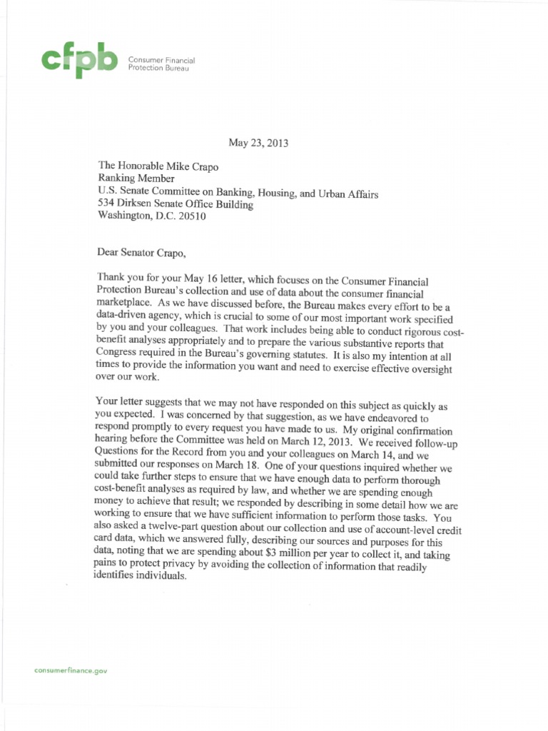 CFPB Letter To Sen. Crapo | PDF | Dodd–Frank Wall Street Reform And ... CFPB Letter To Sen. Crapo | PDF | Dodd–Frank Wall Street Reform And ...