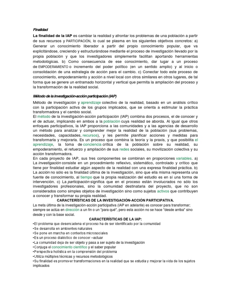 Características y Finalidades de la IAP | PDF | Investigación para la Acción | Investigación de ...