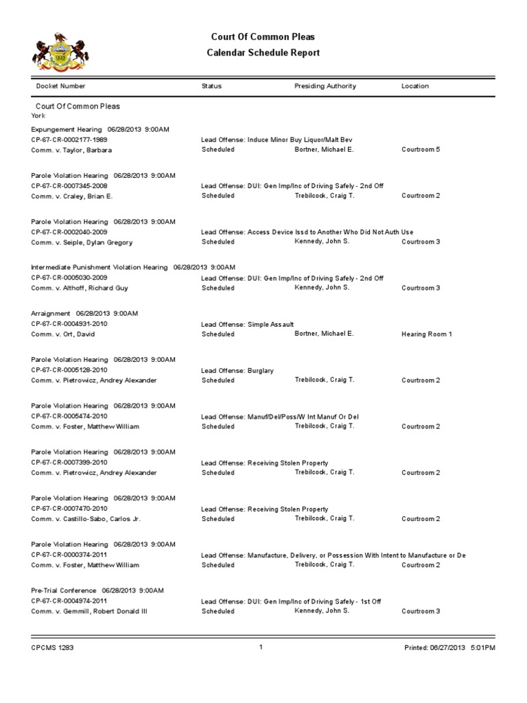 York County Court Schedule | PDF | Nature