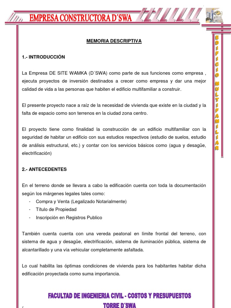 Memoria Descriptiva Construcion de Edificio Multifamiliar D Swa | PDF | Presupuesto | Diseño