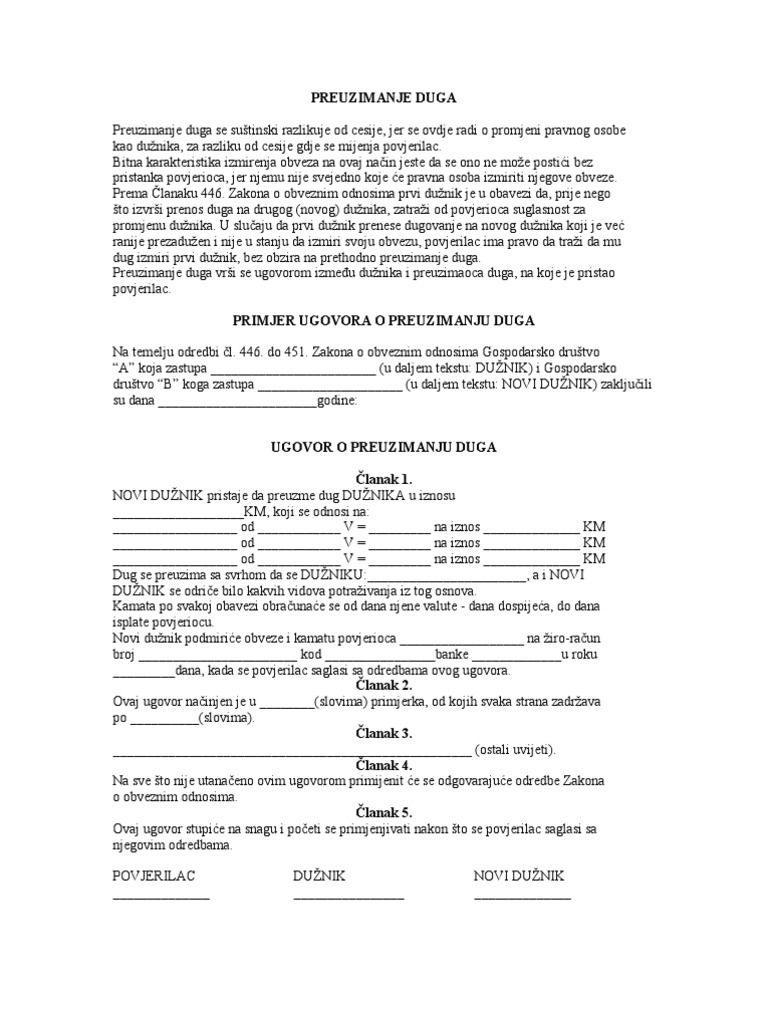 Ugovor o Preuzimanju Duga | PDF