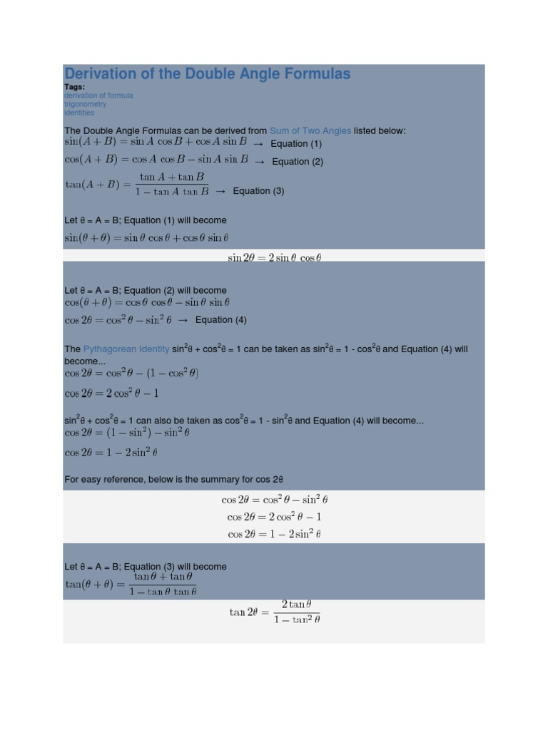 Derivation of the Double Angle Formulas | Trigonometric Functions ...