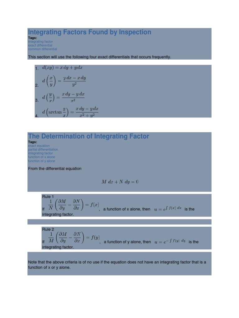 Integrating Factors Found by Inspection | PDF | Integral | Variable ...