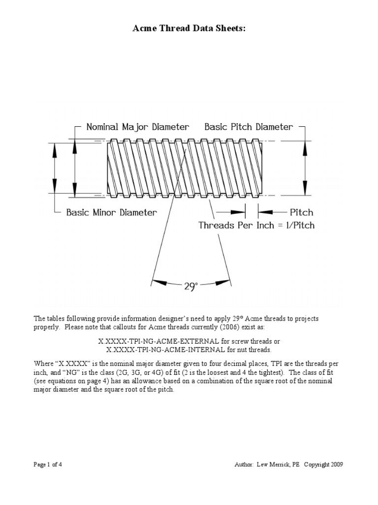 Acme Thread Data Sheets | PDF | Screw | Mechanical Engineering