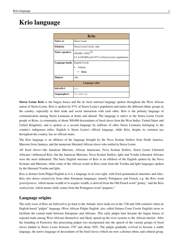 Krio Language | PDF | Sociolinguistics | Sierra Leone