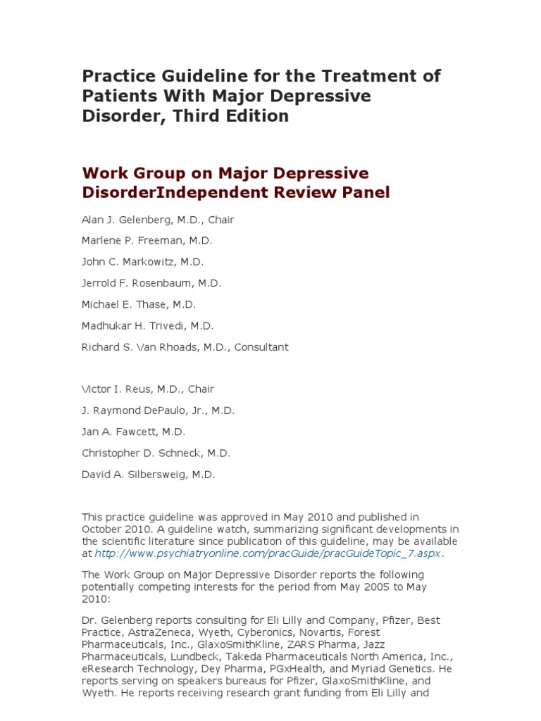 Practice Guideline for the Treatment of Patients With Major Depressive Disorder | Major ...