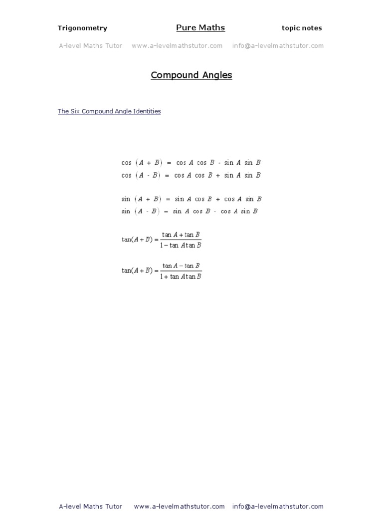 Compound Angles, Trigonometry Revision Notes From A-Level Maths Tutor | PDF