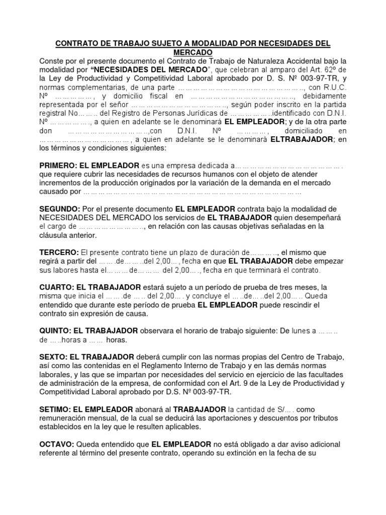 Contrato de Trabajo Sujeto A Modalidad Por Necesidades Del Mercado | Descargar gratis PDF ...