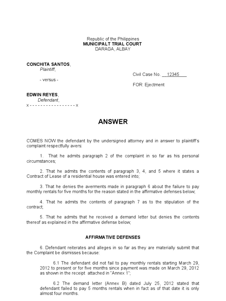 Answer - Ejectment | PDF