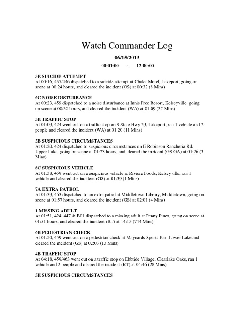 Lake County Watch Commander Log 06/15/13 | PDF | Transport | Criminal ...