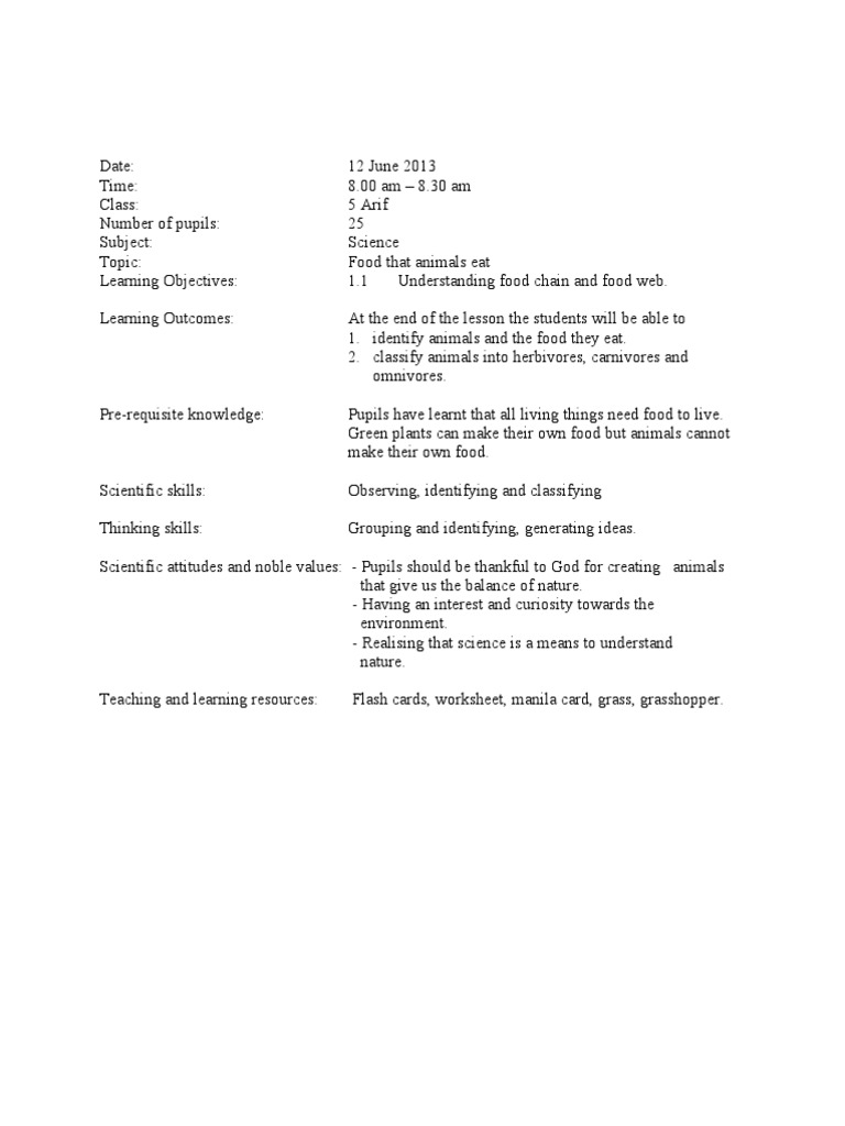 Lesson Plan Food Chain-Tahun 5 | PDF | Herbivore | Lesson Plan