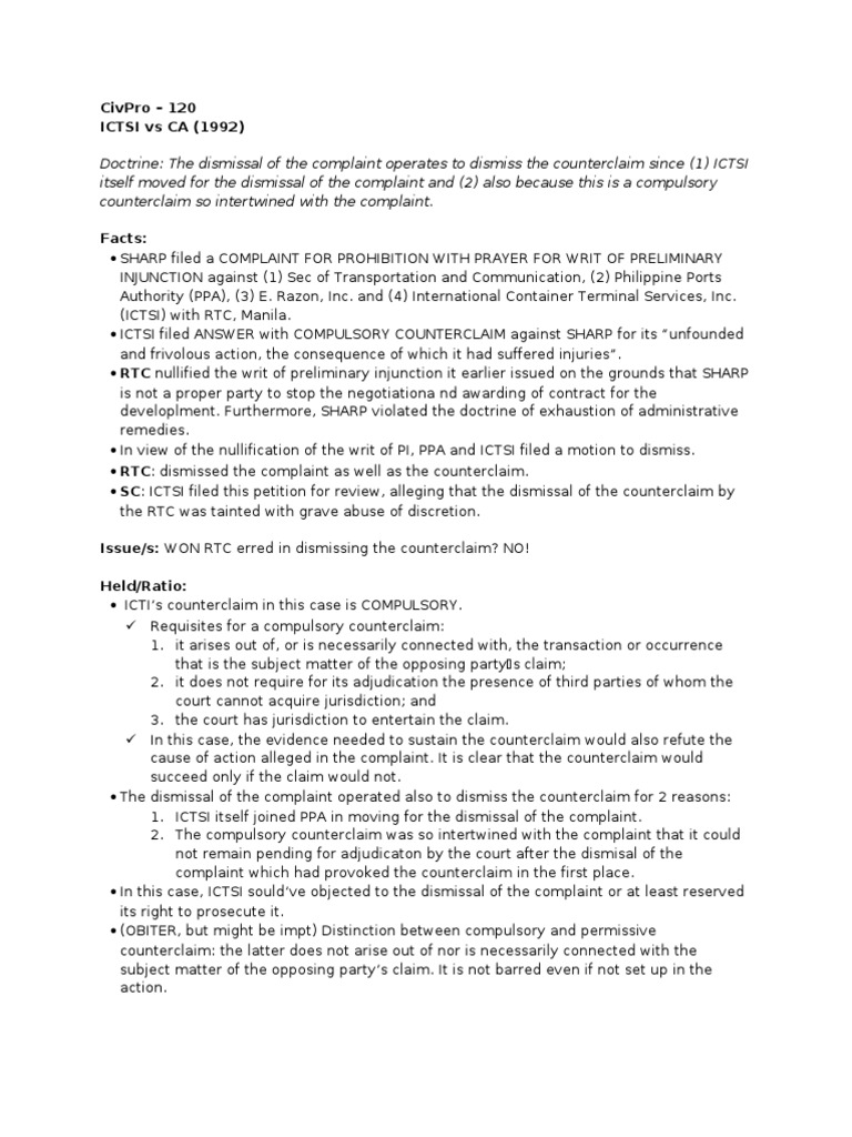 Civpro Digest - ICTSI Vs CA | PDF | Cause Of Action | Counterclaim