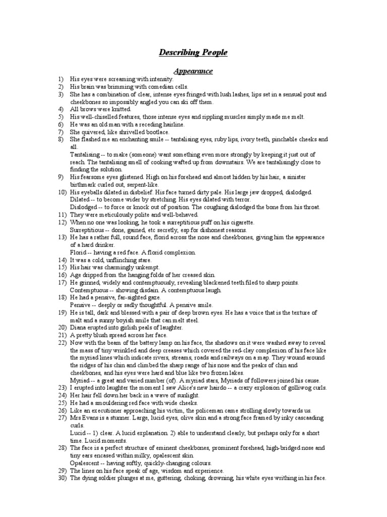 Descriptive Writing - Describing People | PDF | Nature