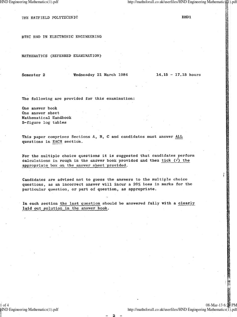 HND Engineering Mathematics | PDF