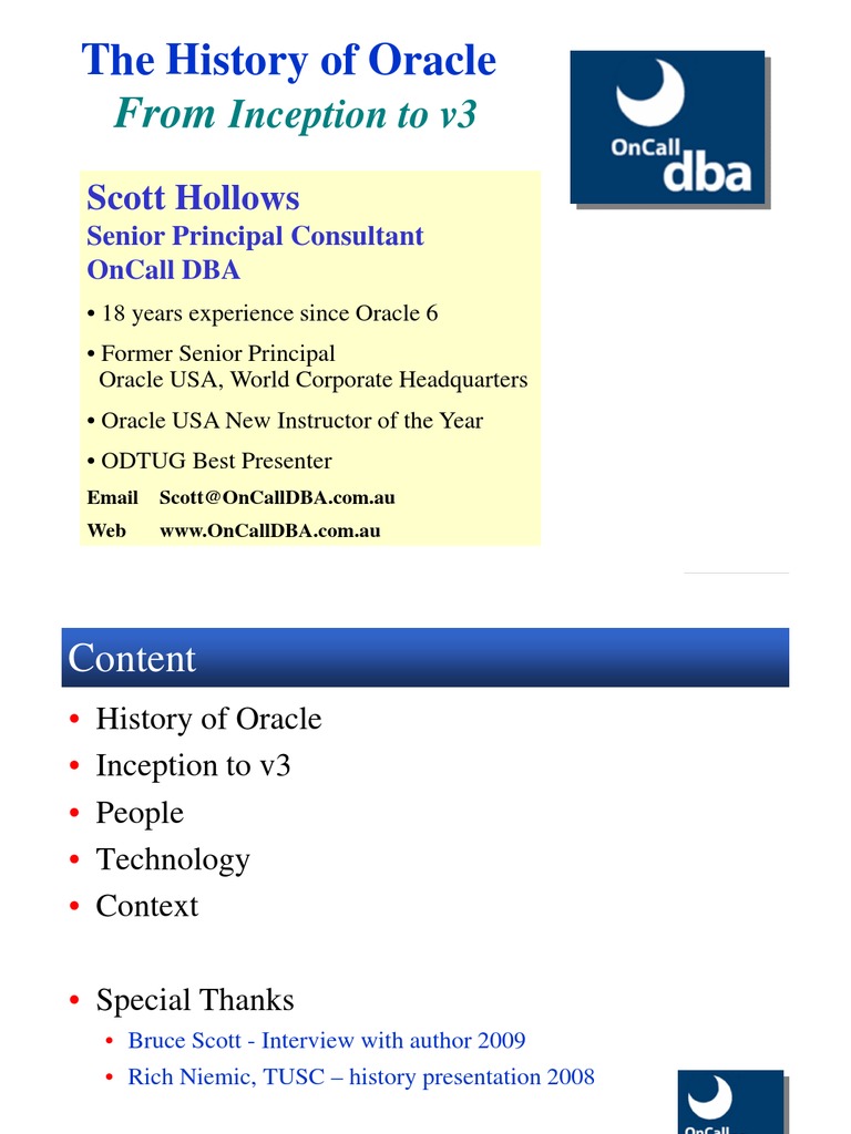 History of Oracle Scott Hollows Oncalldba | PDF