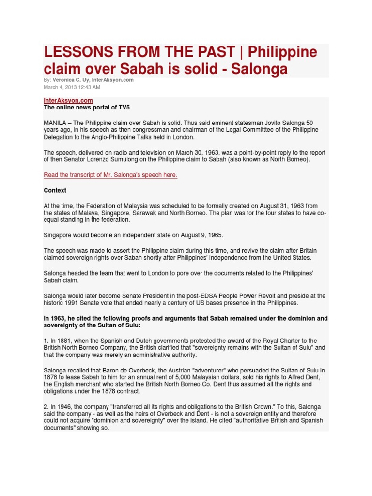 Philippine Claim Over Sabah Is Solid - Salonga | PDF | Philippines ...