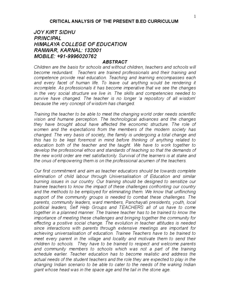 Critical Analysis of B.Ed Curriculum | PDF | Teacher Education | Teachers
