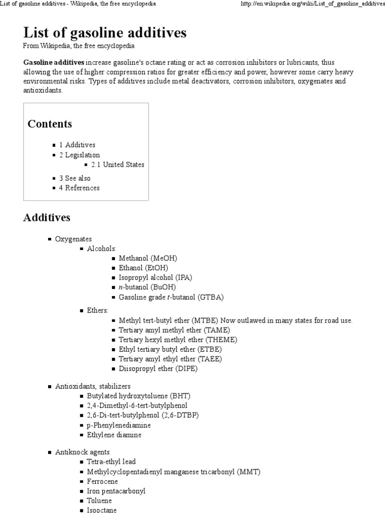 List of Gasoline Additives - Wikipedia, The Free Encyclopedia | PDF ...