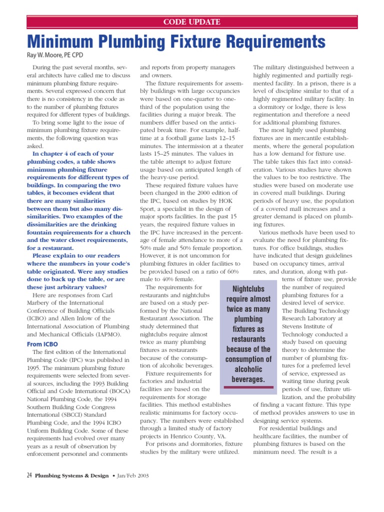 ASPE PSD - Minimum Plumbing Fixture Requirements | PDF | Pumping ...