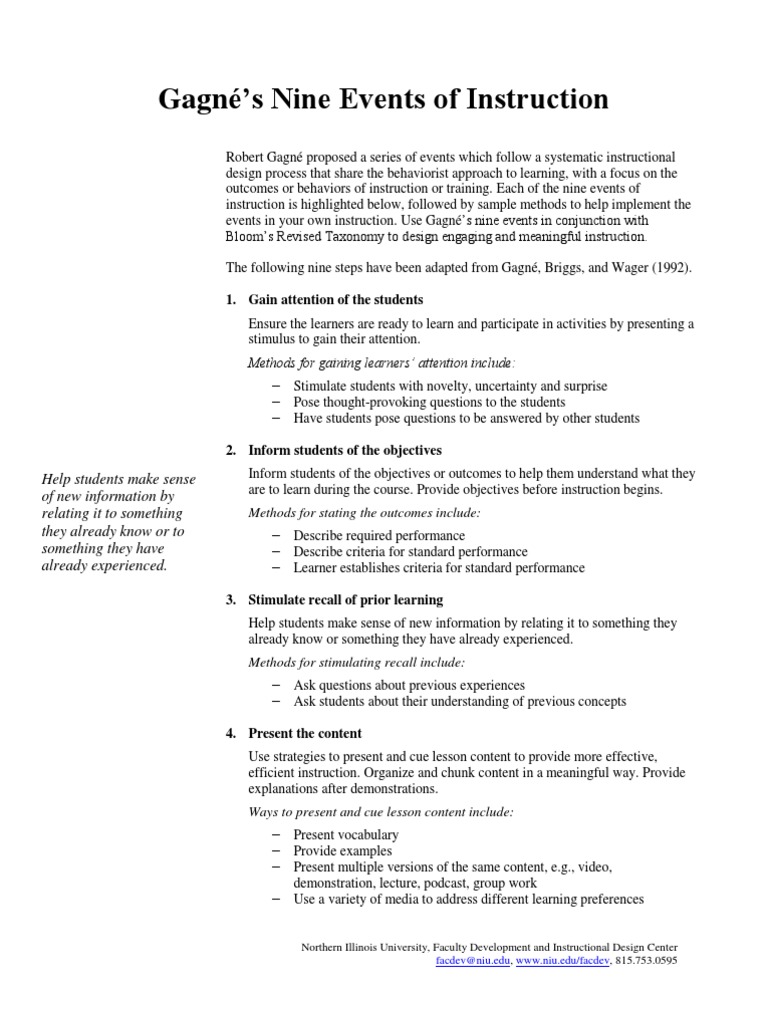 Gagné's Nine Events of Instruction Guide | PDF | Instructional Design ...