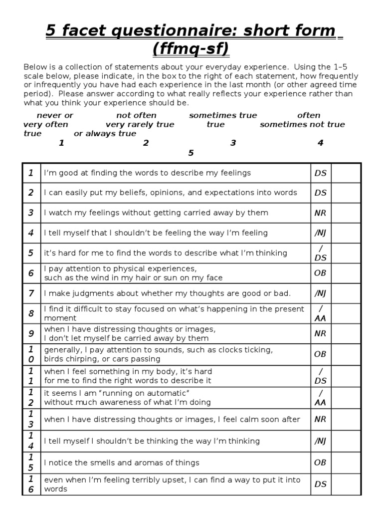 Assessment, Mindfulness 5 Facets Short - 1 | PDF | Mindfulness ...