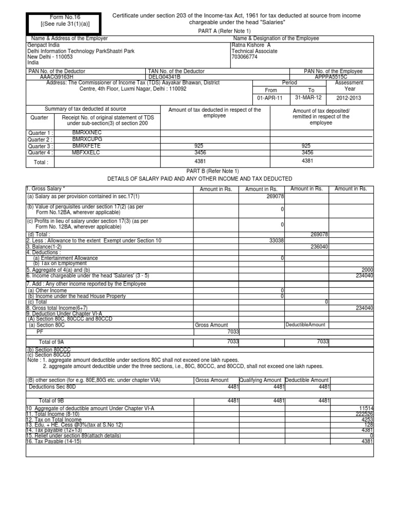 Form 16 | PDF | Employee Benefits | Expense
