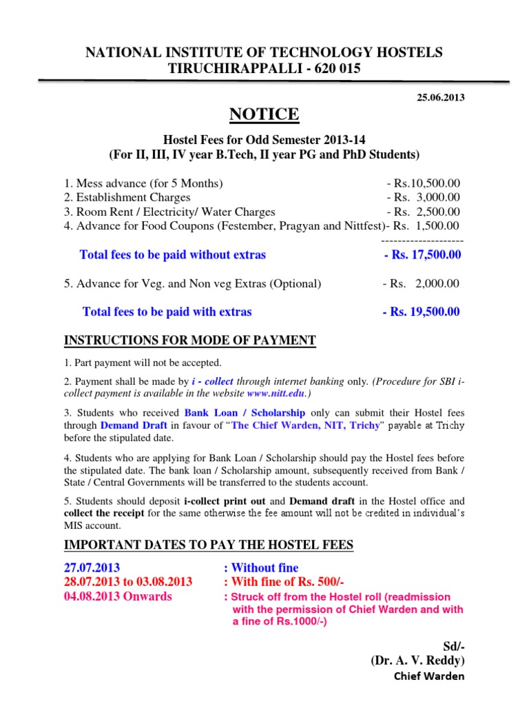 Hostel Fees Notice for NIT Students | PDF