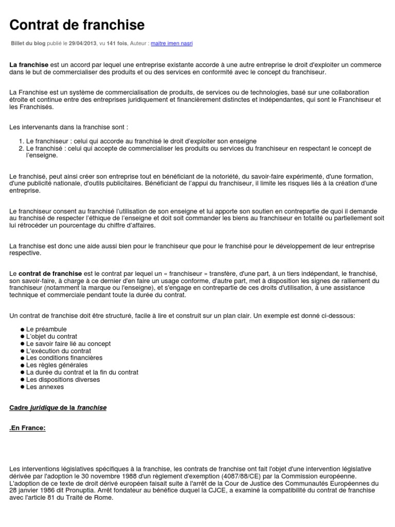 Contrat de franchise : Guide et exemples | PDF | Franchise (réseau ...