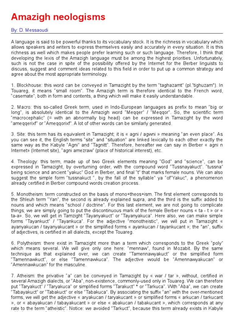 Amazigh Neologisms | PDF | Languages | Language Arts & Discipline