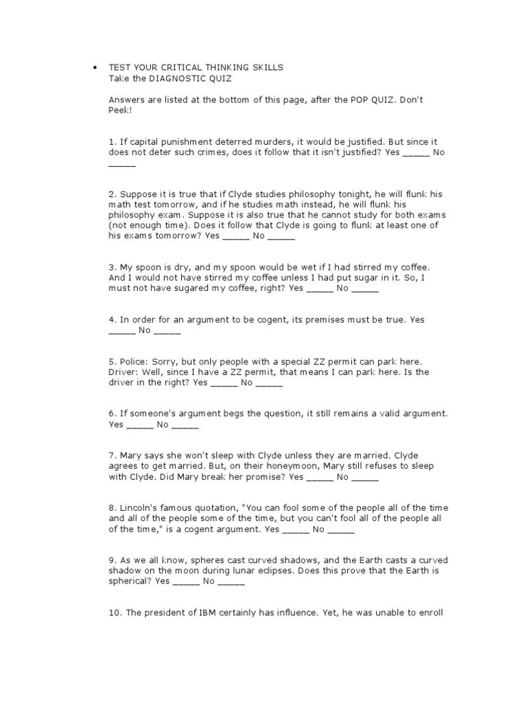 Critical Thinking Quiz and Answers | PDF | Deductive Reasoning | Argument