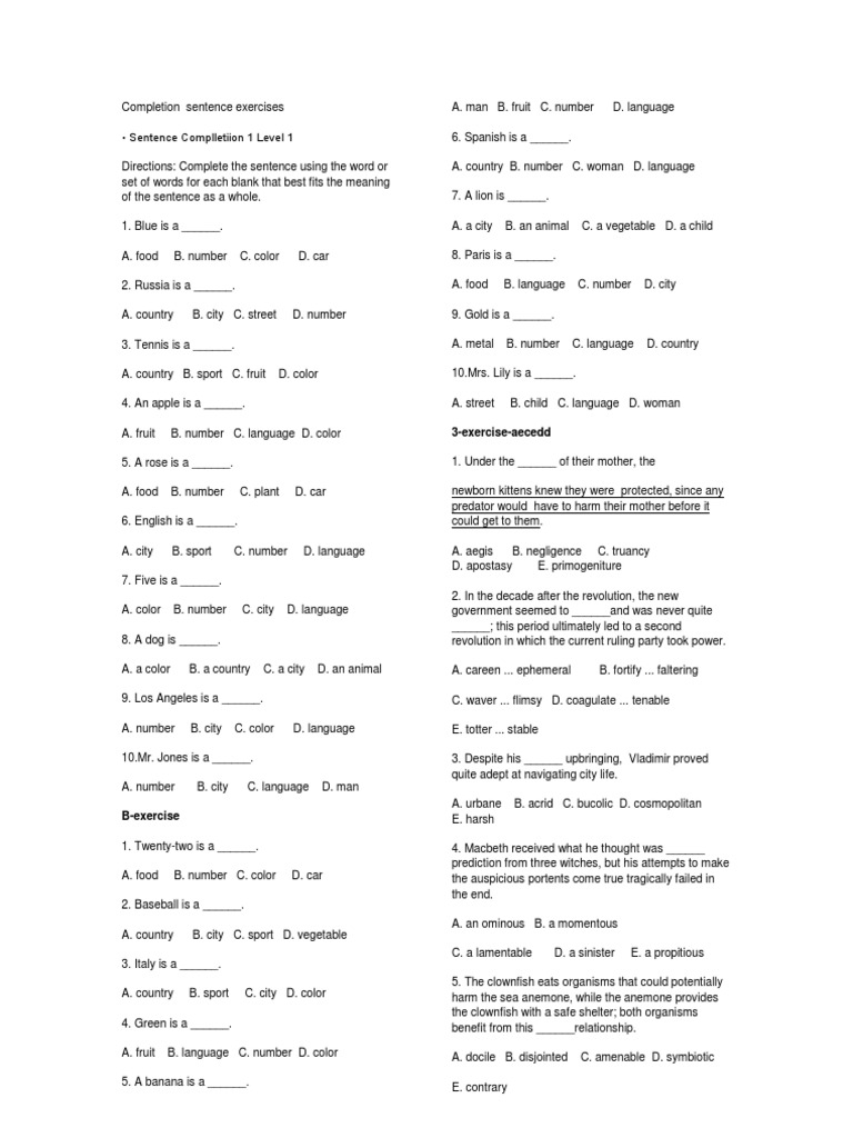 Completion Sentence Exercises | PDF