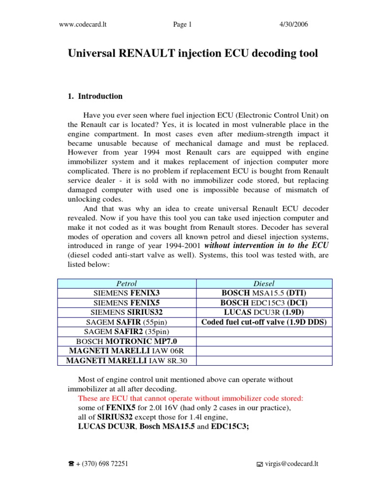 Universal RENAULT Injection ECU Decoding Tool 2006 04 | PDF | Relay | Throttle
