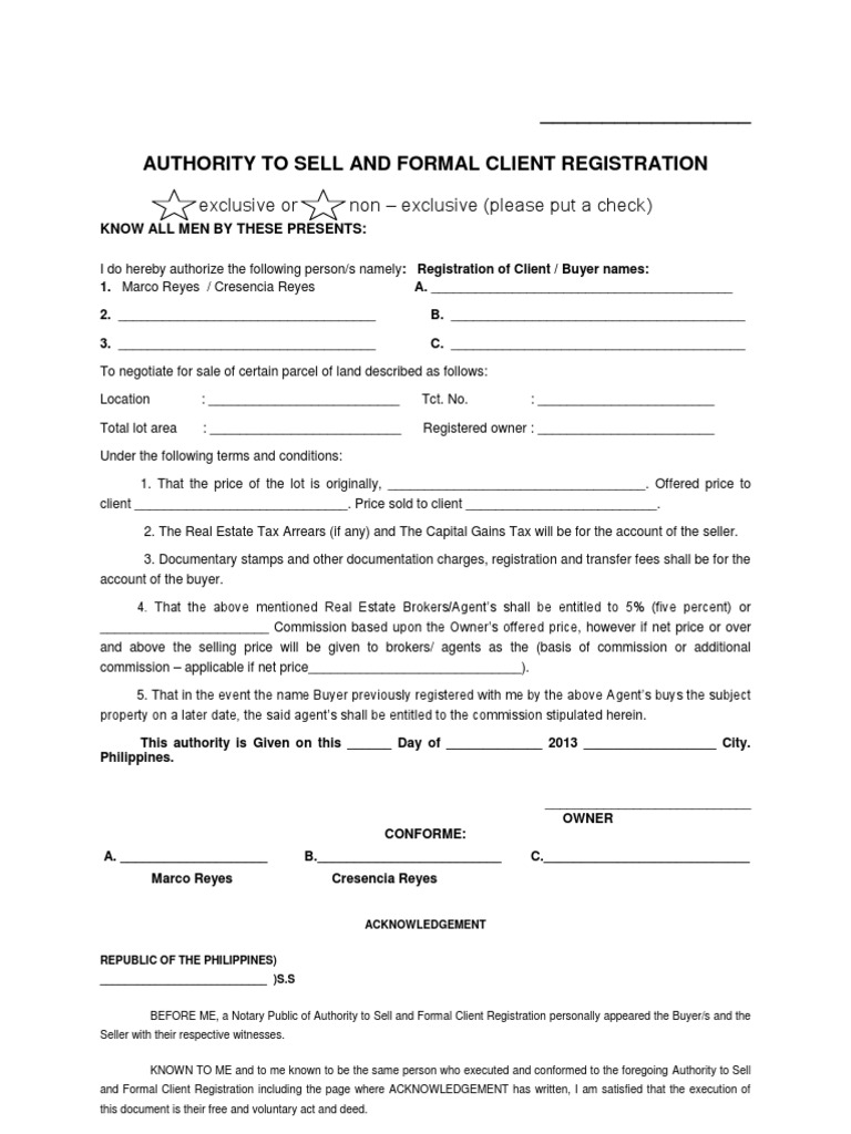 Authority to Sell and Formal Client Registration | Real Estate Broker ...