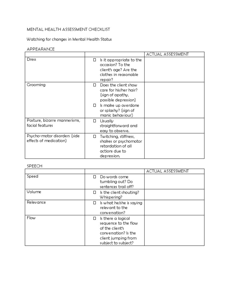 Mental Health Assessment Checklist | PDF | Neuropsychological ...