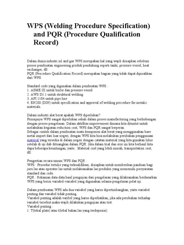 WPS (Welding Procedure Specification) and PQR (Procedure Qualification Record)