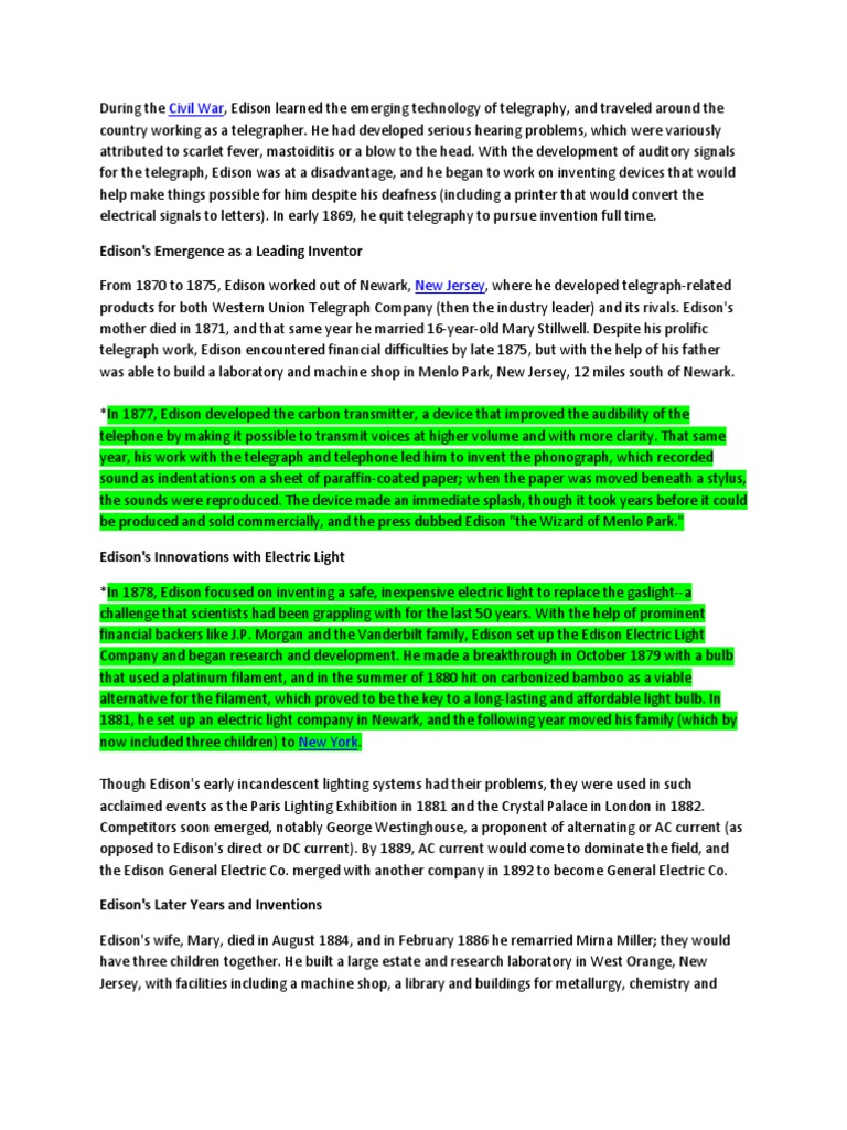Thomas Edison Research Paper | PDF | Thomas Edison | Incandescent Light ...