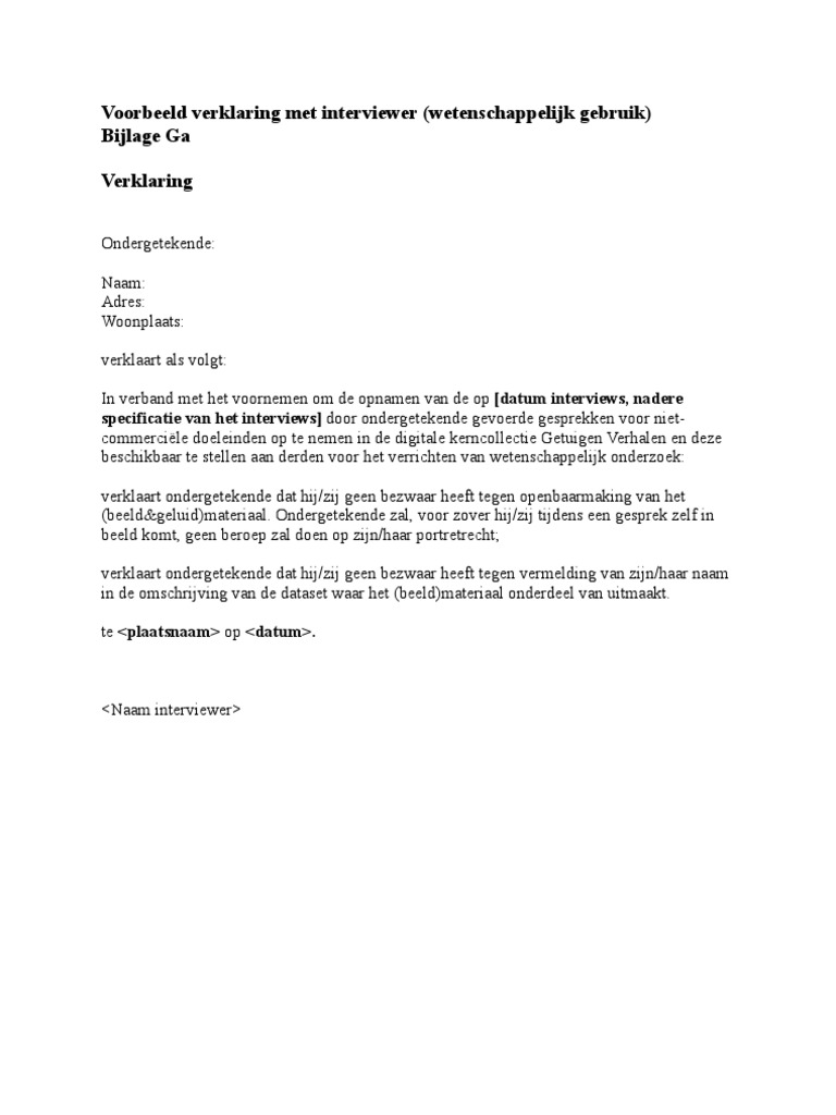 Voorbeeld Verklaring Met Interviewer (Wetenschappelijk Gebruik) Bijlage ...