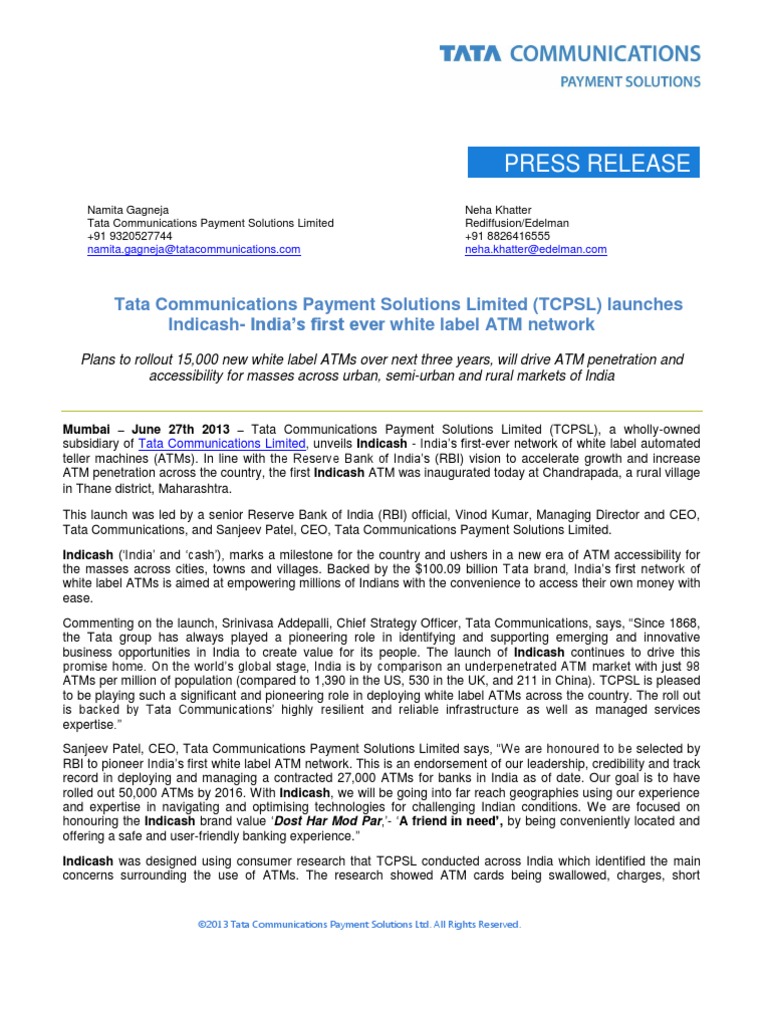 Tata Communications Payment Solutions Limited (TCPSL) Launches Indicash ...