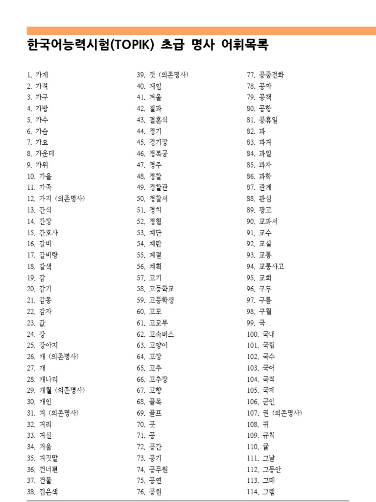 TOPIK (Test of Proficiency in Korean) Elementary Nouns List