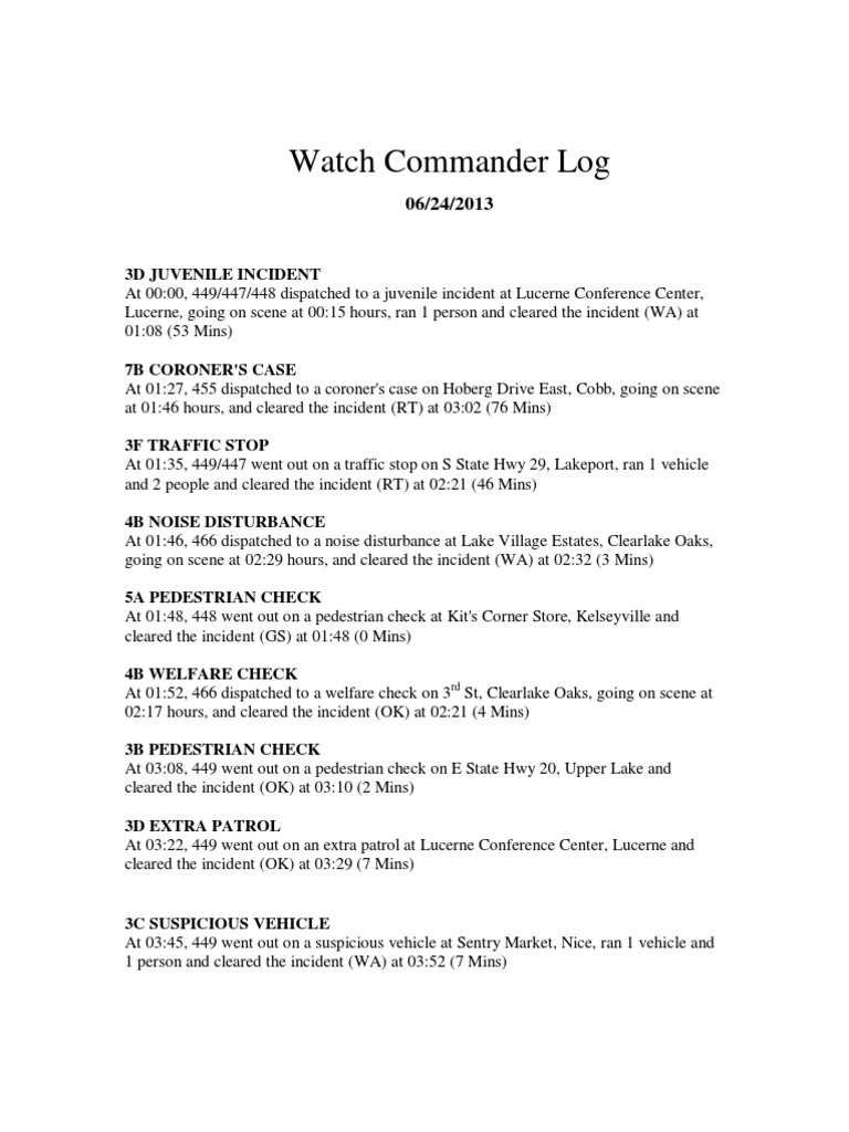 Lake County Watch Commander Log 2013 | PDF | Land Transport | Transport