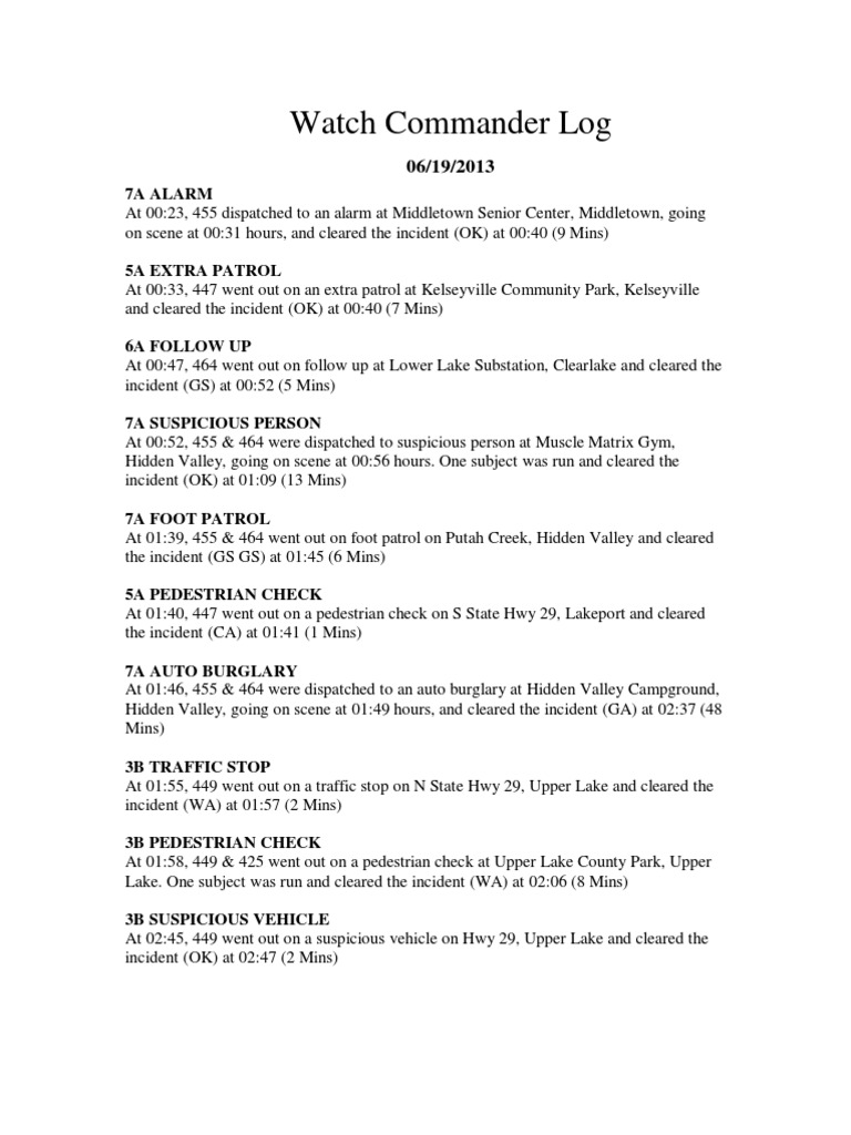 Lake County Sheriff's Watch Commander Logs | PDF | Traffic | Law ...