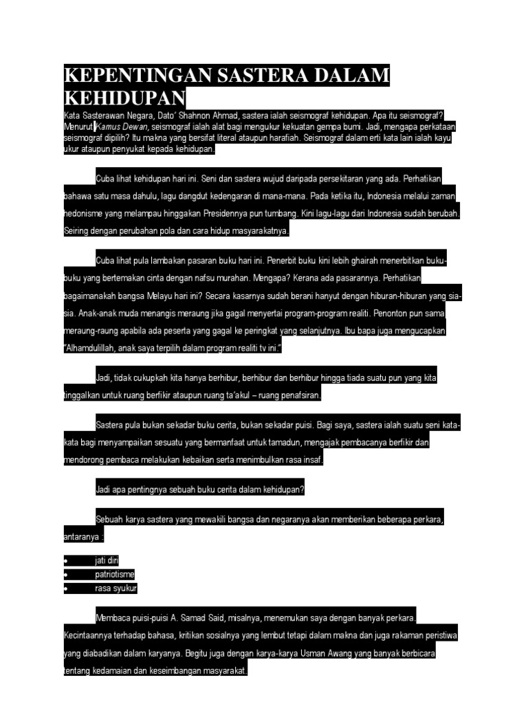 Kepentingan Sastera Dalam Kehidupan | PDF