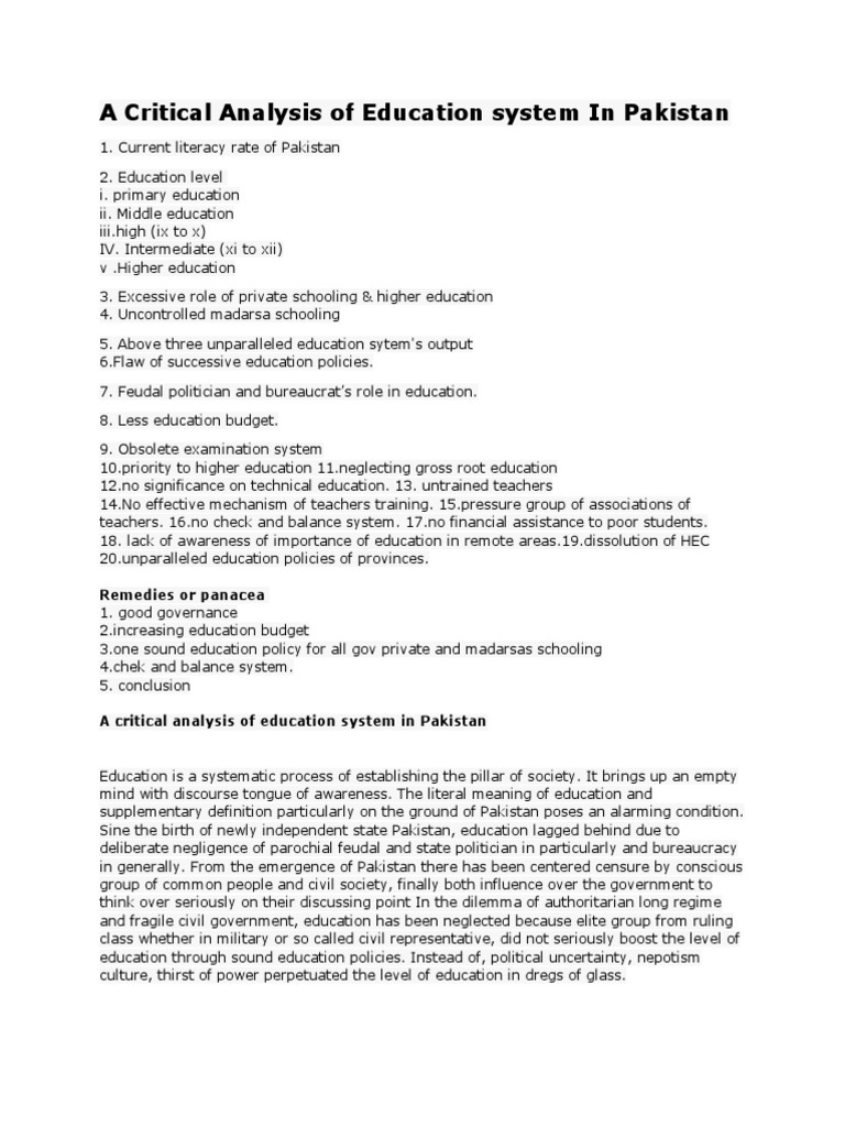 A Critical Analysis Of Education System In Pakistan 2 Pdf