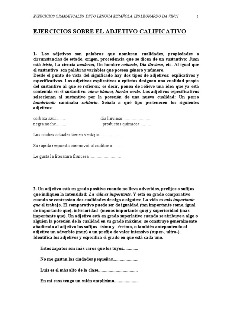 Ejercicios sobre Adjetivos Calificativos | PDF | Adjetivo | Numero ...