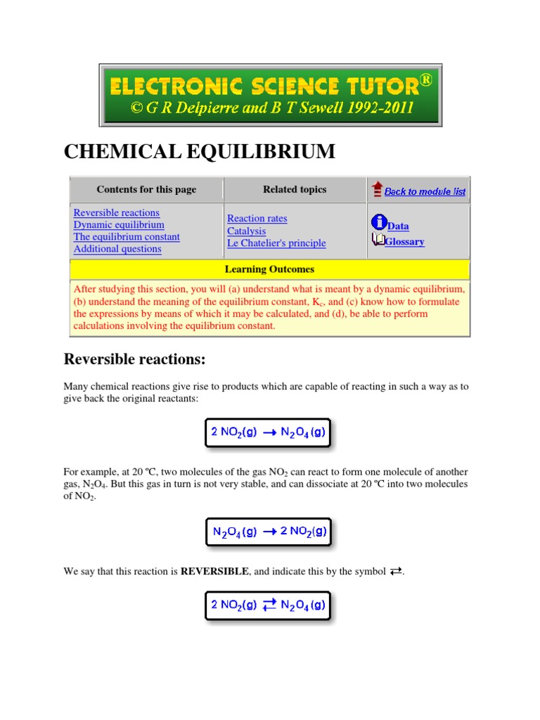 Chemical Equilibrium: Reversible Reactions | PDF | Chemical Equilibrium ...